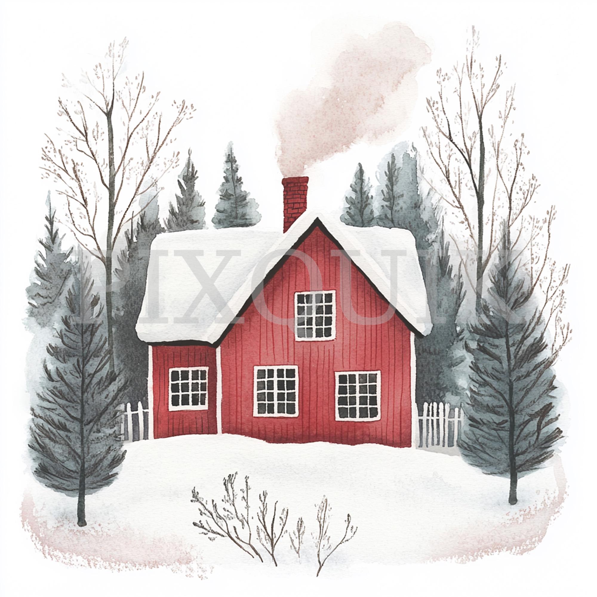 Winter Landscape Clipart | Red House Watercolor Art (4 JPG Files) - Etsy