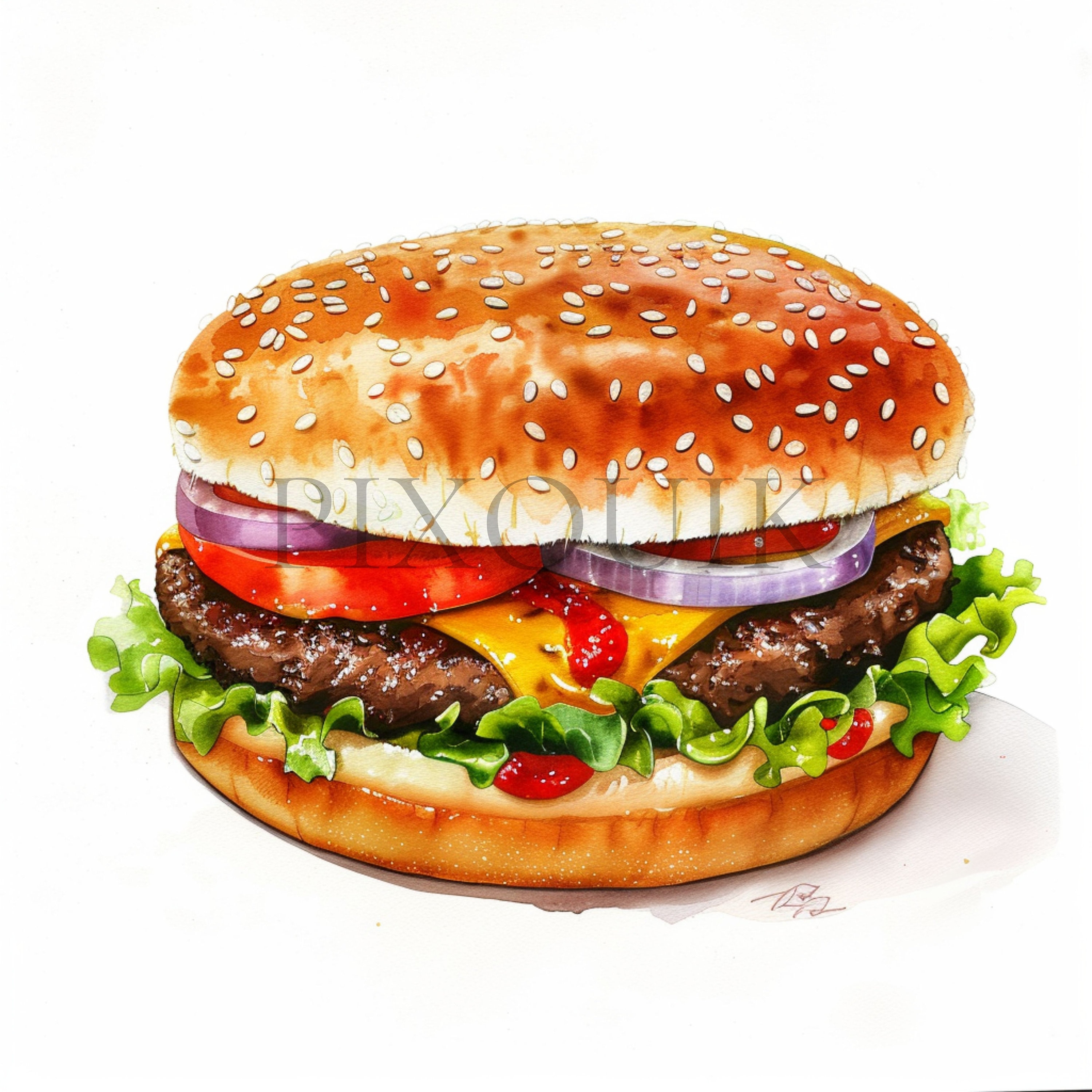 Watercolor Tasty Hamburger Clipart 10 High Quality Jpgs Fast Food ...