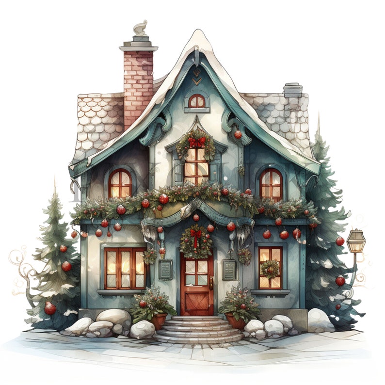 Christmas House Clipart | Holiday Home JPG Graphics (digital Download ...