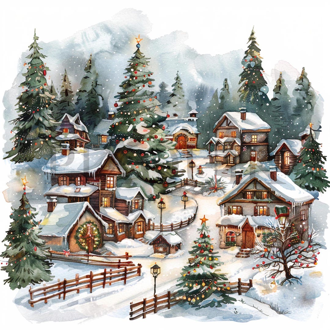 Watercolor Winter Village Clipart: Snowy Holiday Scene (digital ...