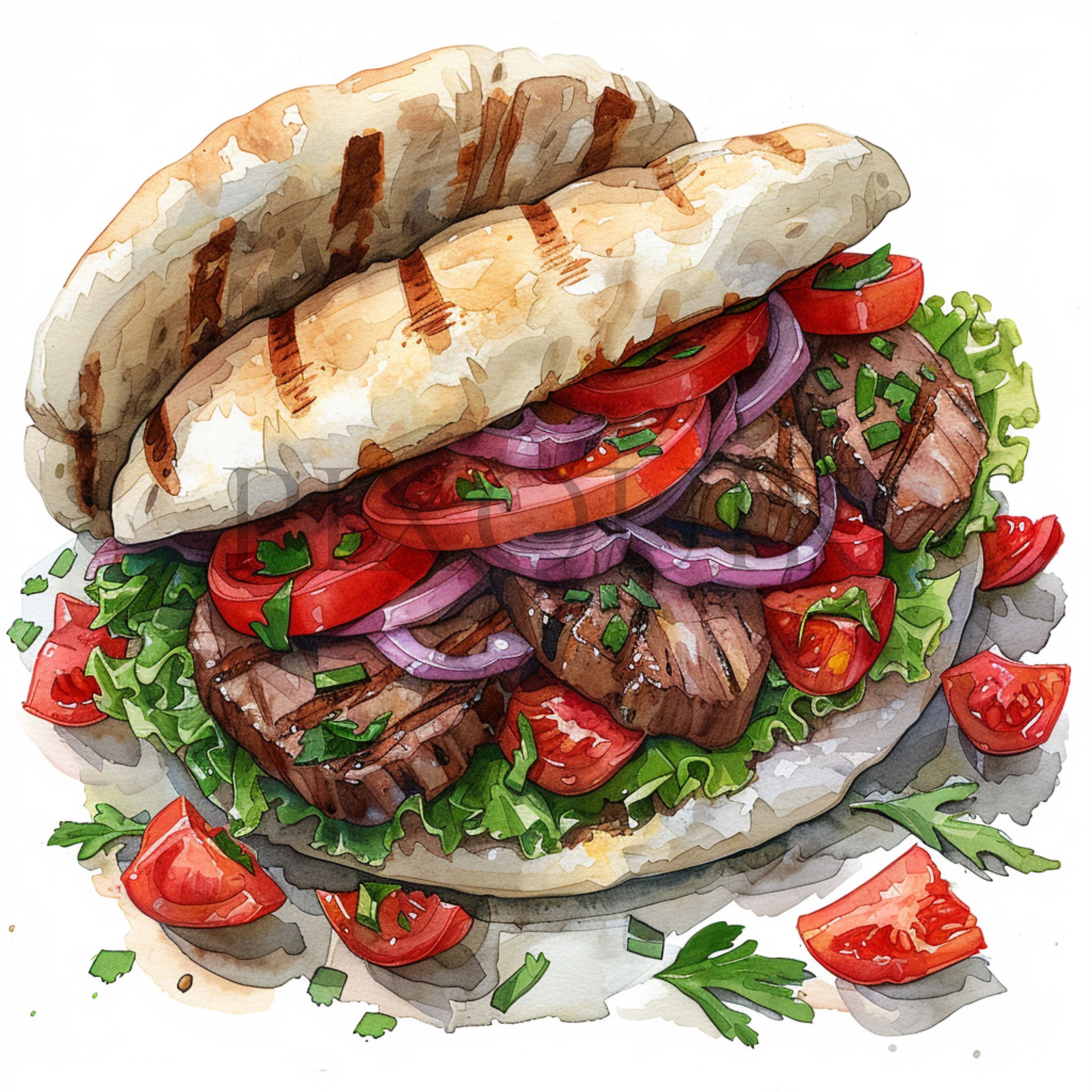 Watercolor Gyros Clipart 10 High-quality Jpgs Food Culture Gyros Digital Commercial Use Gyros ...