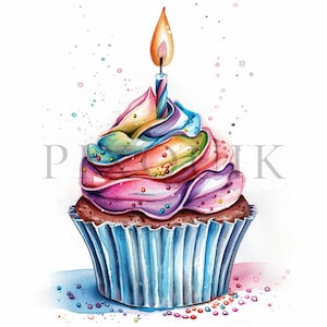 Watercolor Birthday Cupcake Clipart | Berry Topping (digital Download ...