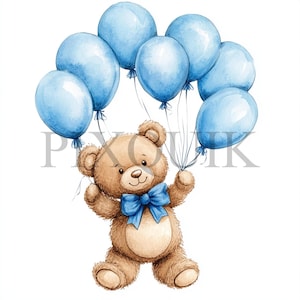 Watercolor Teddy Bear Clipart | Blue Balloons, Card Making (JPG Files ...