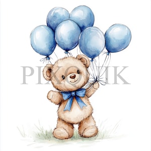 Watercolor Teddy Bear Clipart | Blue Balloons, Card Making (JPG Files ...