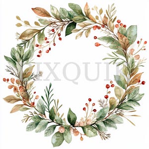 Watercolor Christmas Wreath Clipart: Bohemian Green Tones (PNG Files ...
