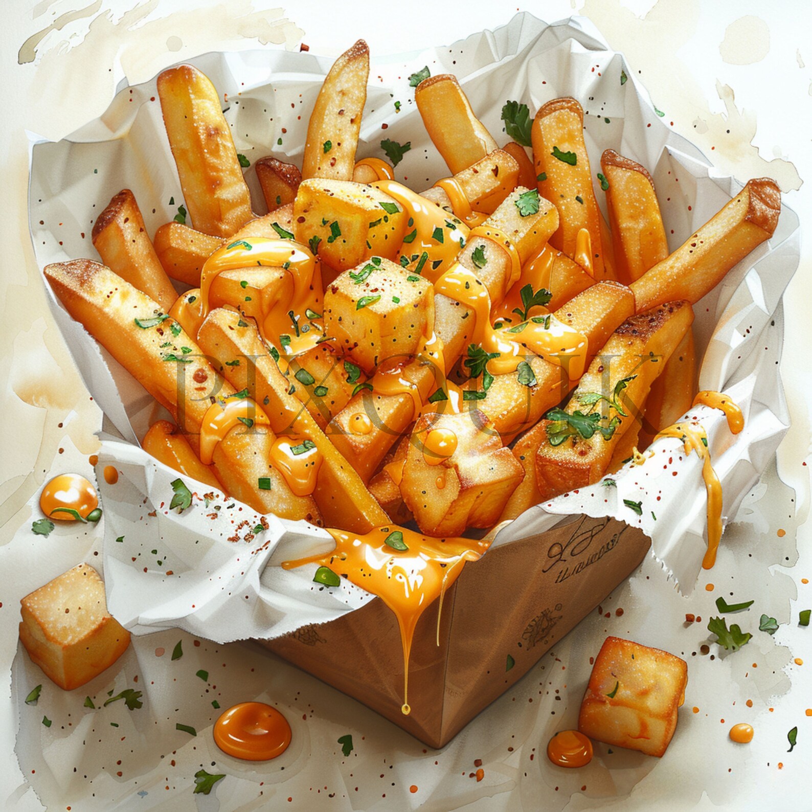 Watercolor Cheese Fries Clipart 10 High-quality Jpgs Kitchen Decor Food Illustrations Digital ...