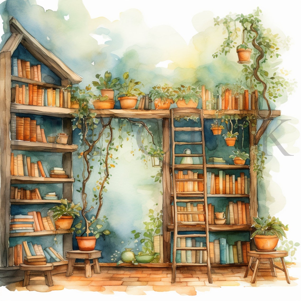 Watercolor Bookshelf Clipart 10 High Quality Jpgs Library Books Clipart ...