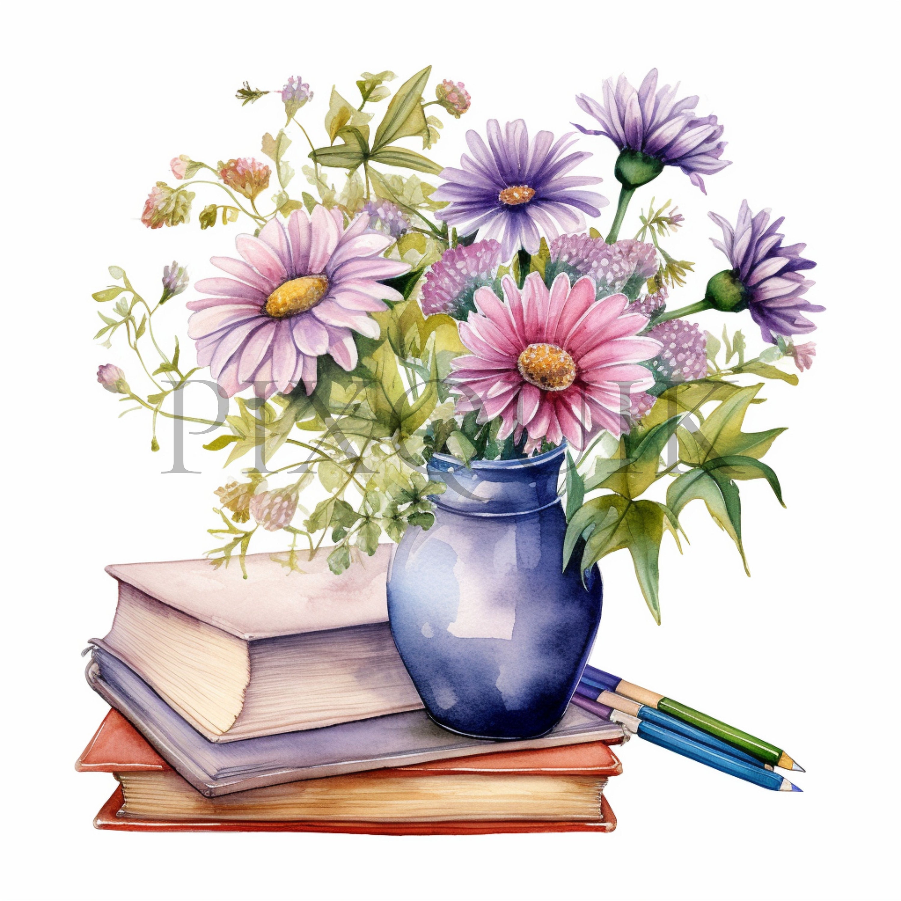 Watercolor Teacher Clipart Set | Floral Books Still Life (digital ...