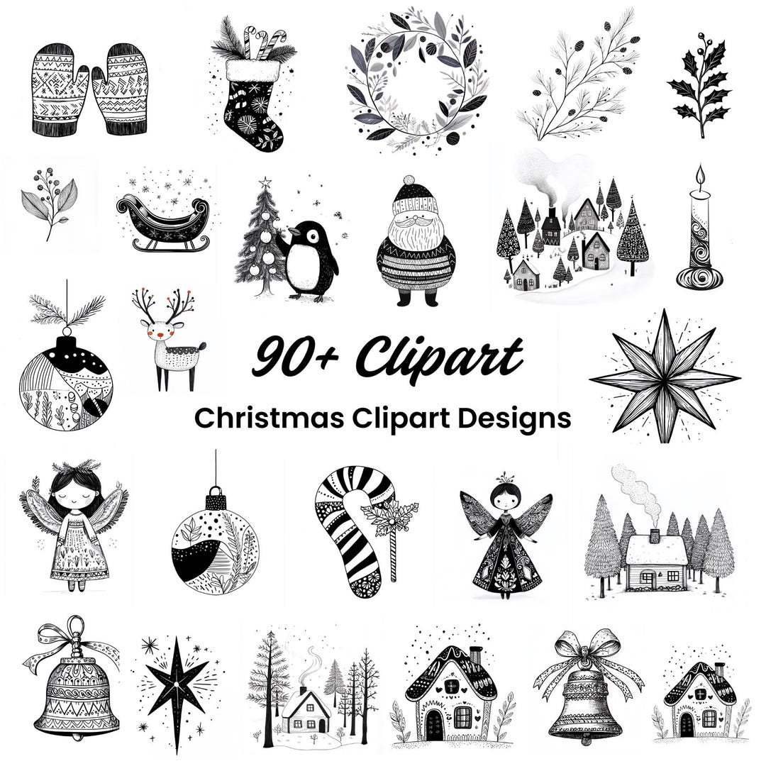 Christmas Clipart Black and White | 90 Cliparts Files | Scandinavian ...