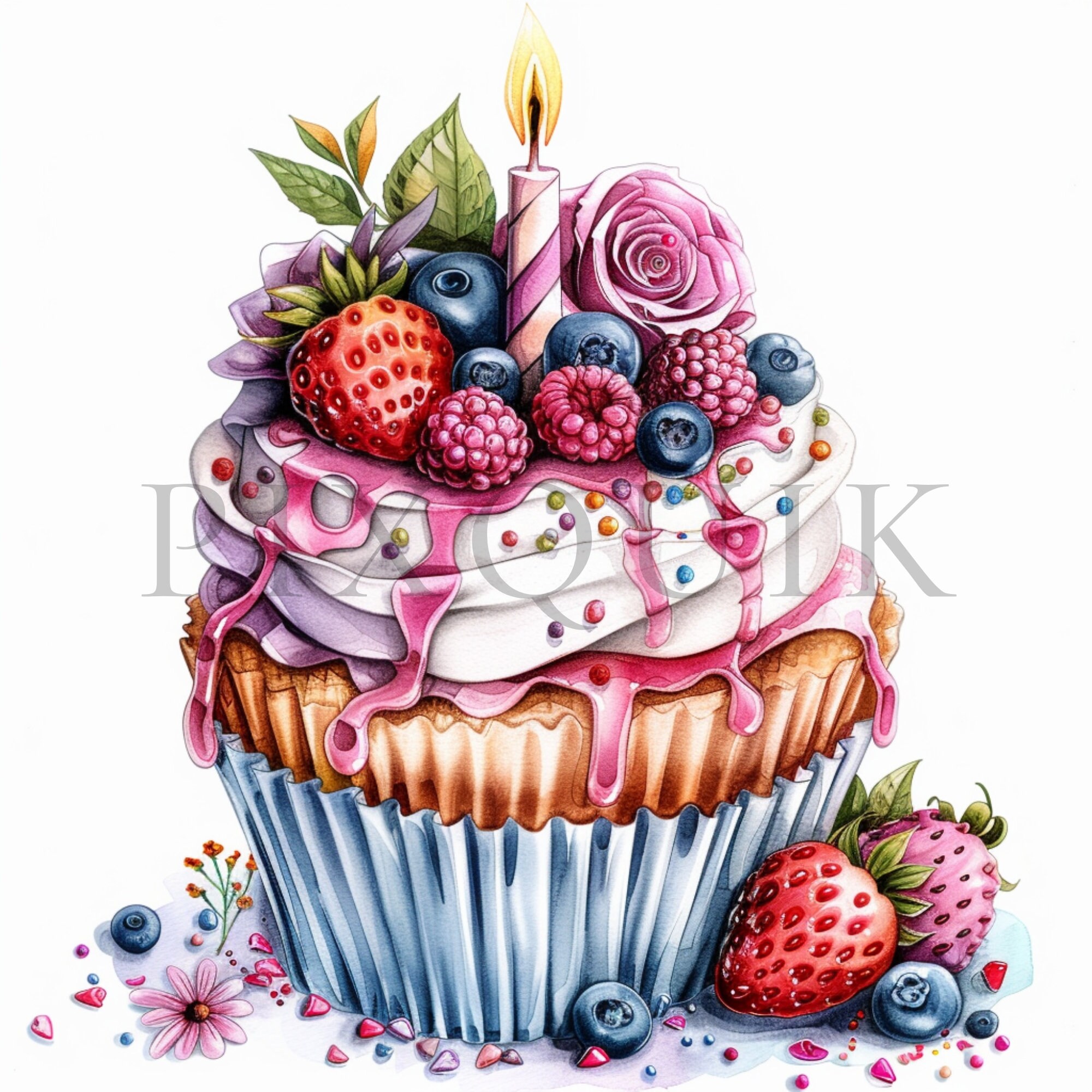 Watercolor Birthday Cupcake Clipart | Berry Topping (digital Download ...