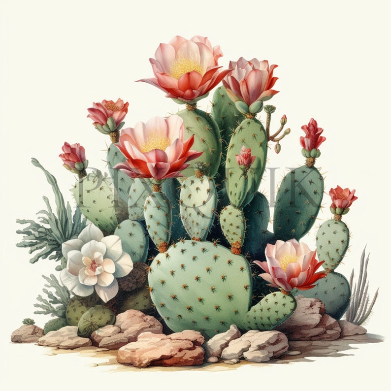 Vintage Blooming Cactus Clipart | Retro Desert Art (10 Jpgs) - Etsy