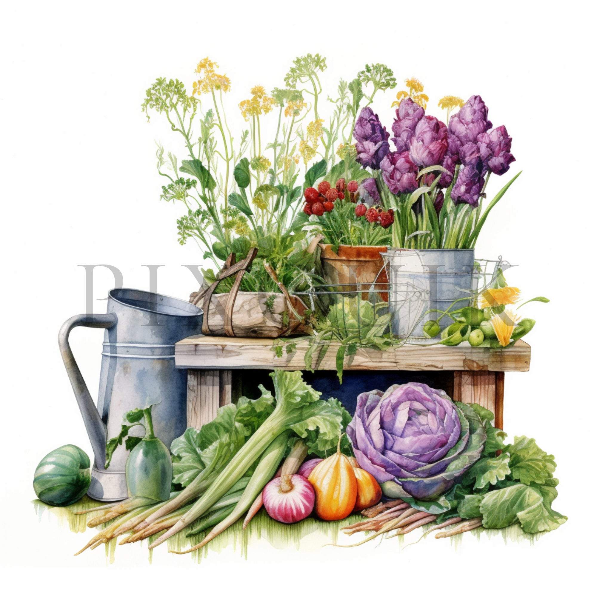 Watercolor Garden Clipart | Spring Flowers, Watering Can (digital ...