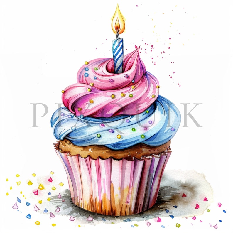 Watercolor Birthday Cupcake Clipart | Berry Topping (digital Download ...