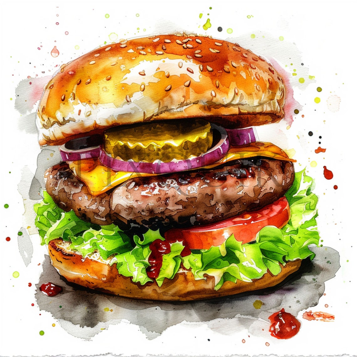 Watercolor Burger Clipart | High-quality Jpgs, Food Illustration ...