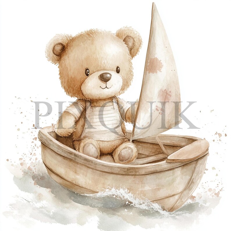Teddy Bear in Boat Clipart: Watercolor Boho Art (JPG & PNG) - Etsy