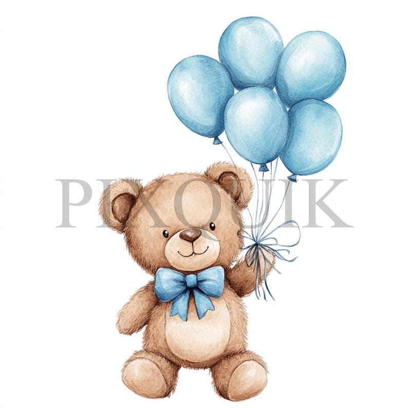 Watercolor Teddy Bear Clipart | Blue Balloons, Card Making (JPG Files ...