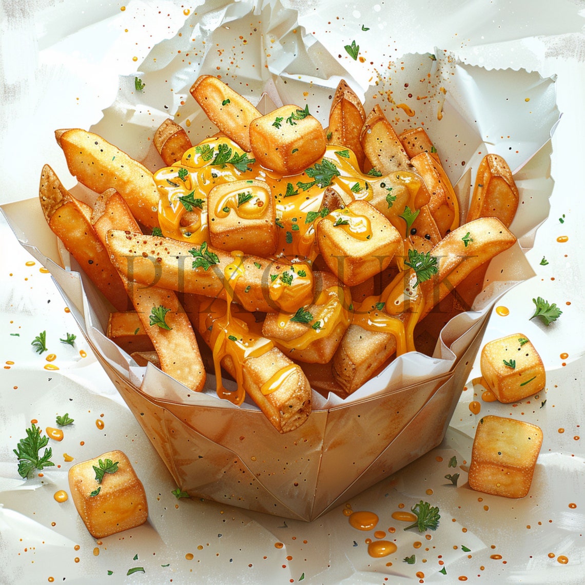 Watercolor Cheese Fries Clipart 10 High-quality Jpgs Kitchen Decor Food Illustrations Digital ...