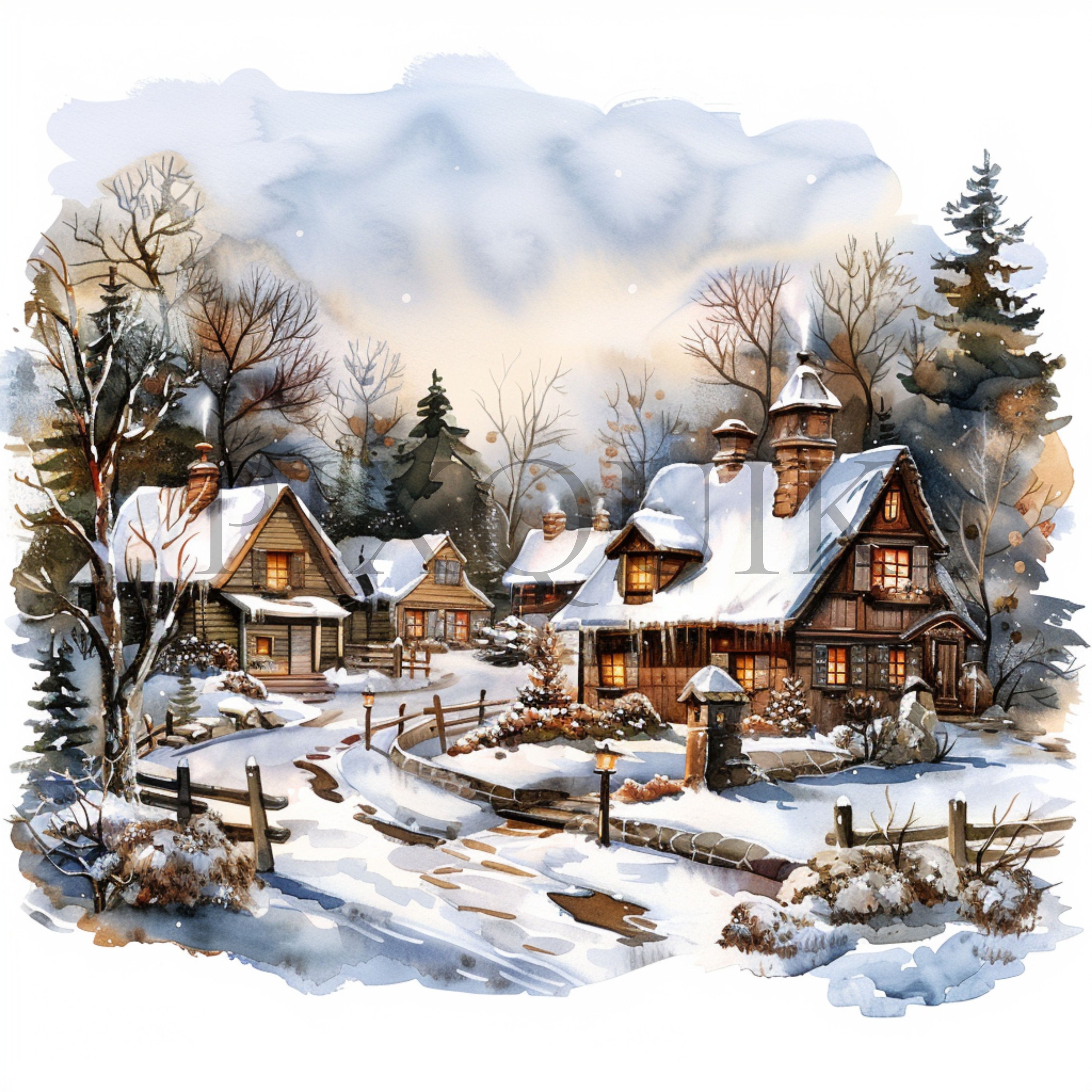 Winter Village Clipart | Watercolor Landscape, Card Making (digital ...