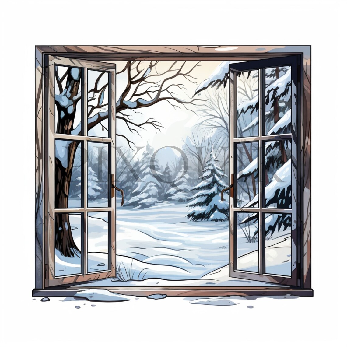 Winter Window Clipart | Snowy Holiday Art, Cozy Illustration (JPG ...