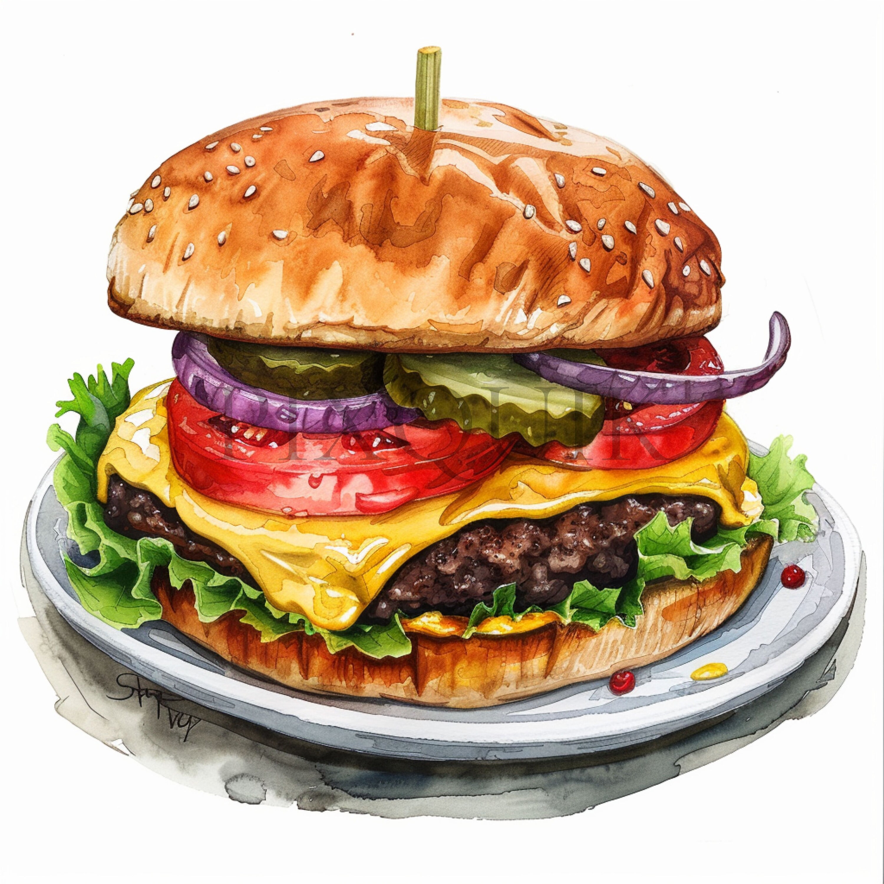 Watercolor Cheeseburger Clipart 10 High Quality Jpgs Fast Food Clipart ...