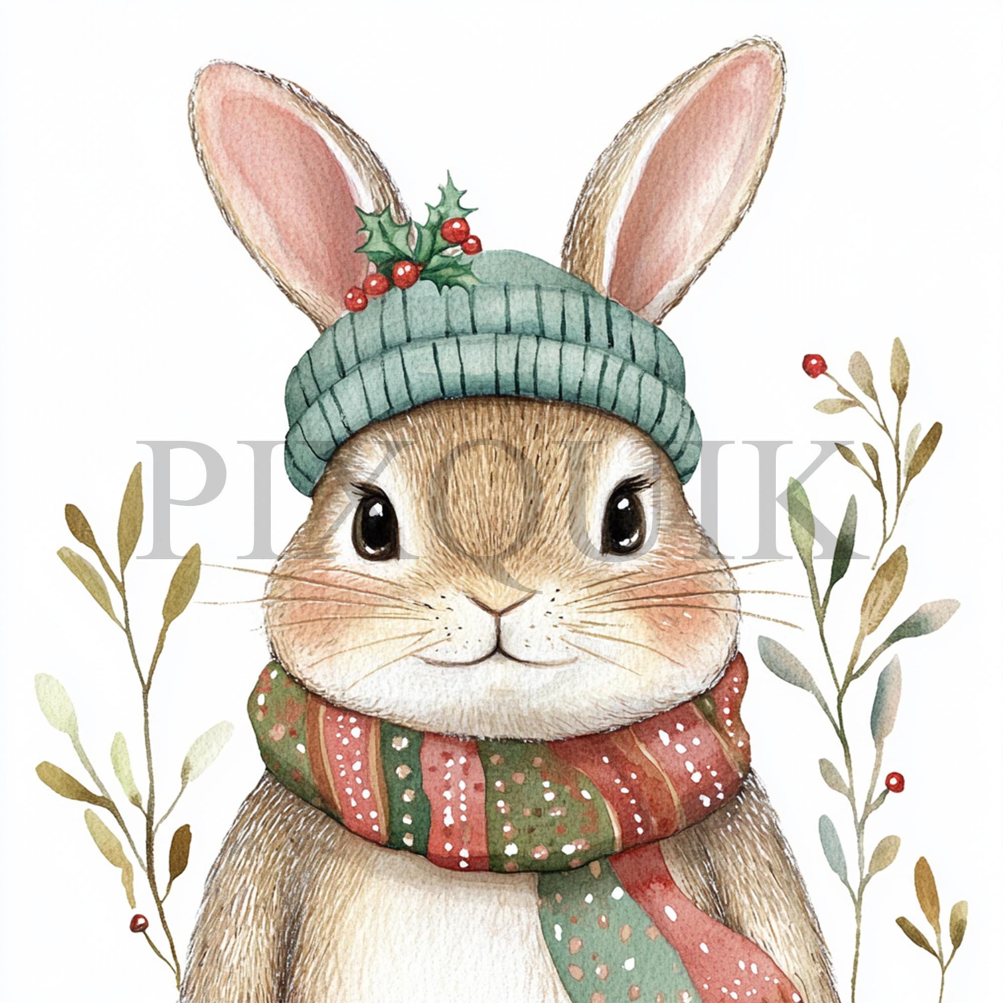 Watercolor Rabbit Christmas Clipart: Holiday Animal Art (10 JPG Files ...