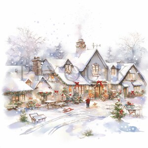 Watercolor Winter Village Clipart | Cottagecore Holiday (digital ...