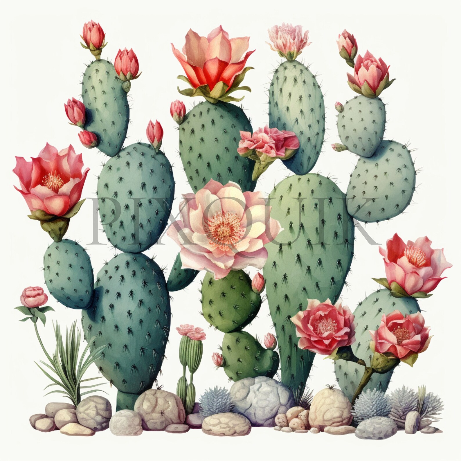 Vintage Blooming Cactus Clipart 10 High Quality Jpgs Retro Cactus ...