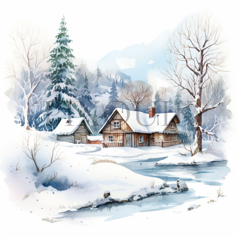 Watercolor Winter Cottage Clipart | Snowy Landscape Jpgs (digital ...