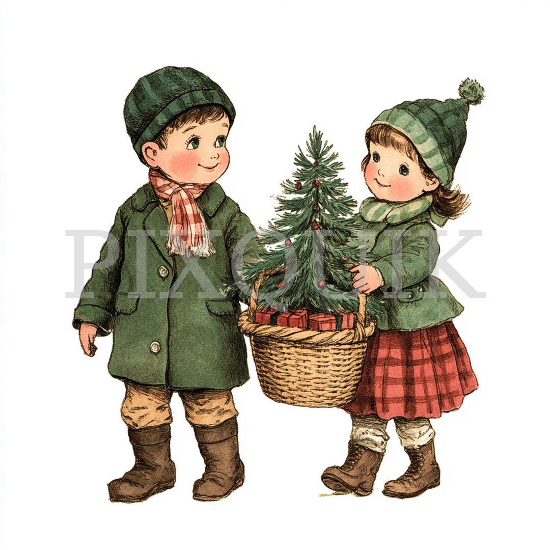 Vintage Christmas Tree Clipart: Little Boy and Girl Watercolor Art (3 ...