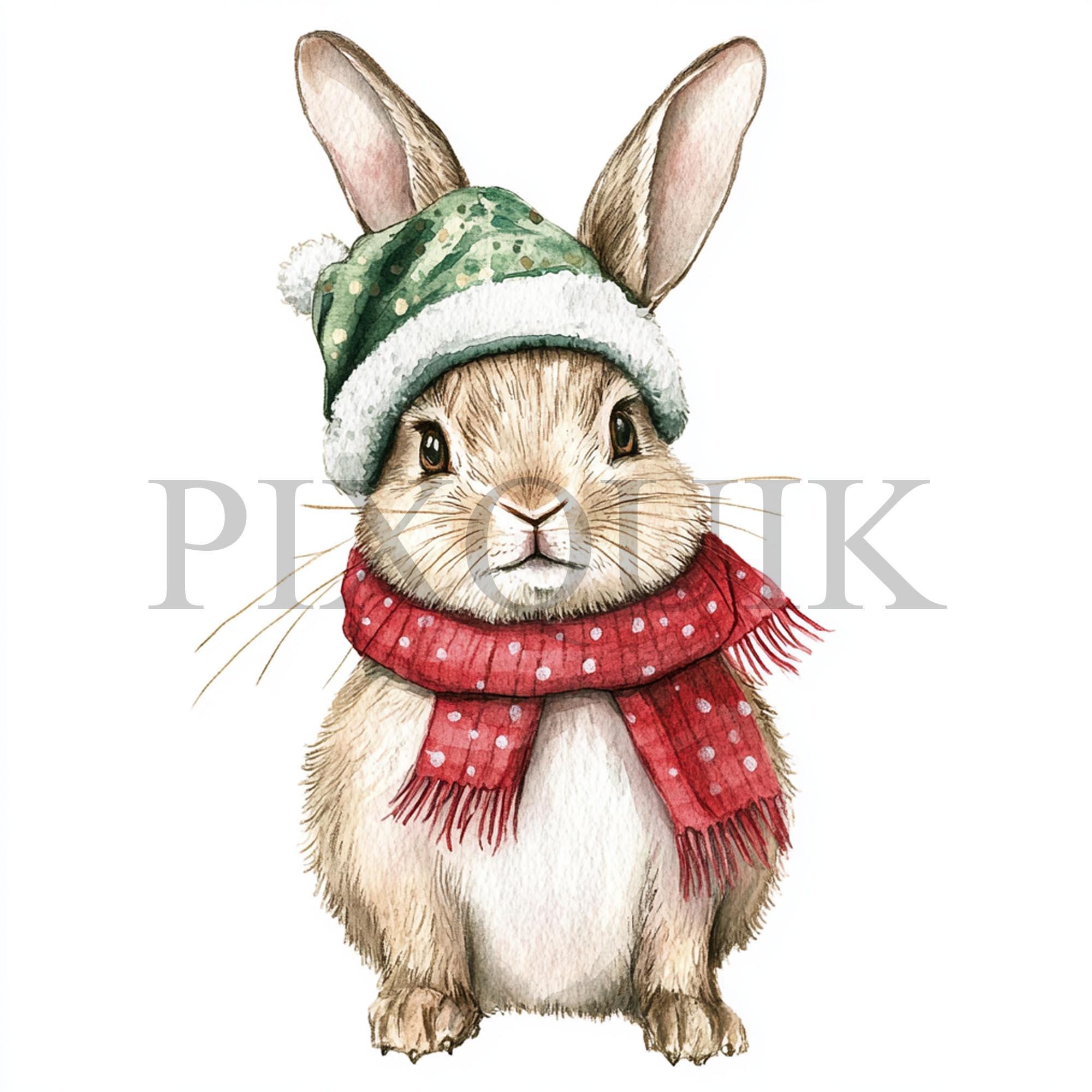 Watercolor Rabbit Christmas Clipart: Holiday Animal Art (10 JPG Files ...