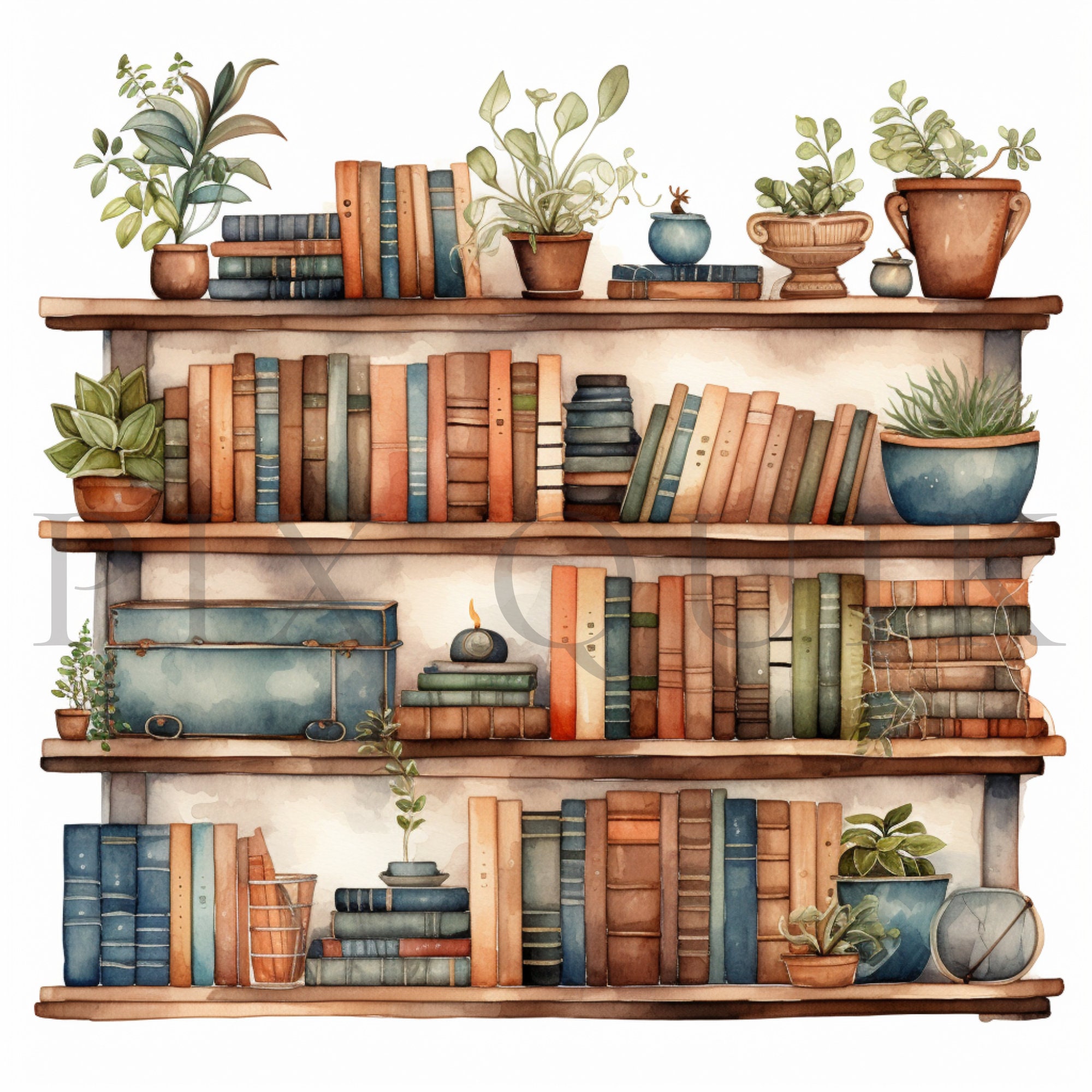 Watercolor Bookshelf Clipart - 10 High Quality Jpgs | Instant Digital ...