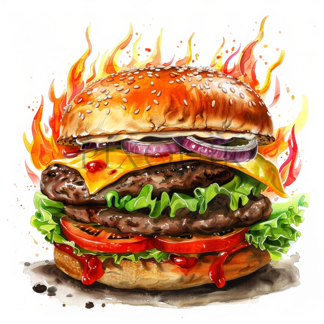 Watercolor Tasty Hamburger Clipart | 10 High Quality Jpgs | Fast Food ...