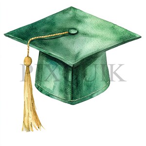 Watercolor Green Graduation Cap Clipart: JPG & PNG Files (digital ...