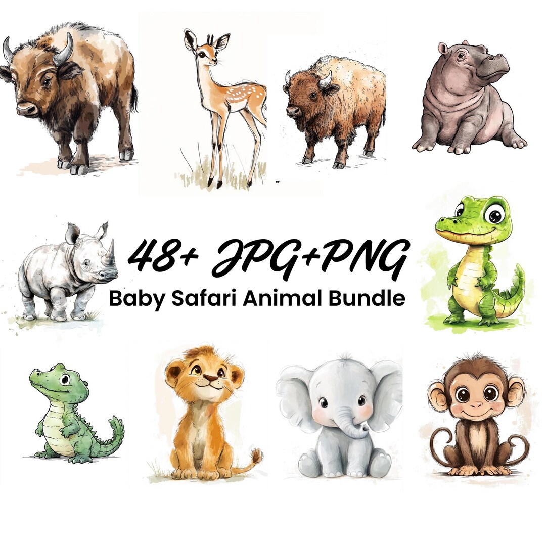 Cute Jungle Animals Clipart, Safari Baby Animal PNG, Watercolor Animal ...