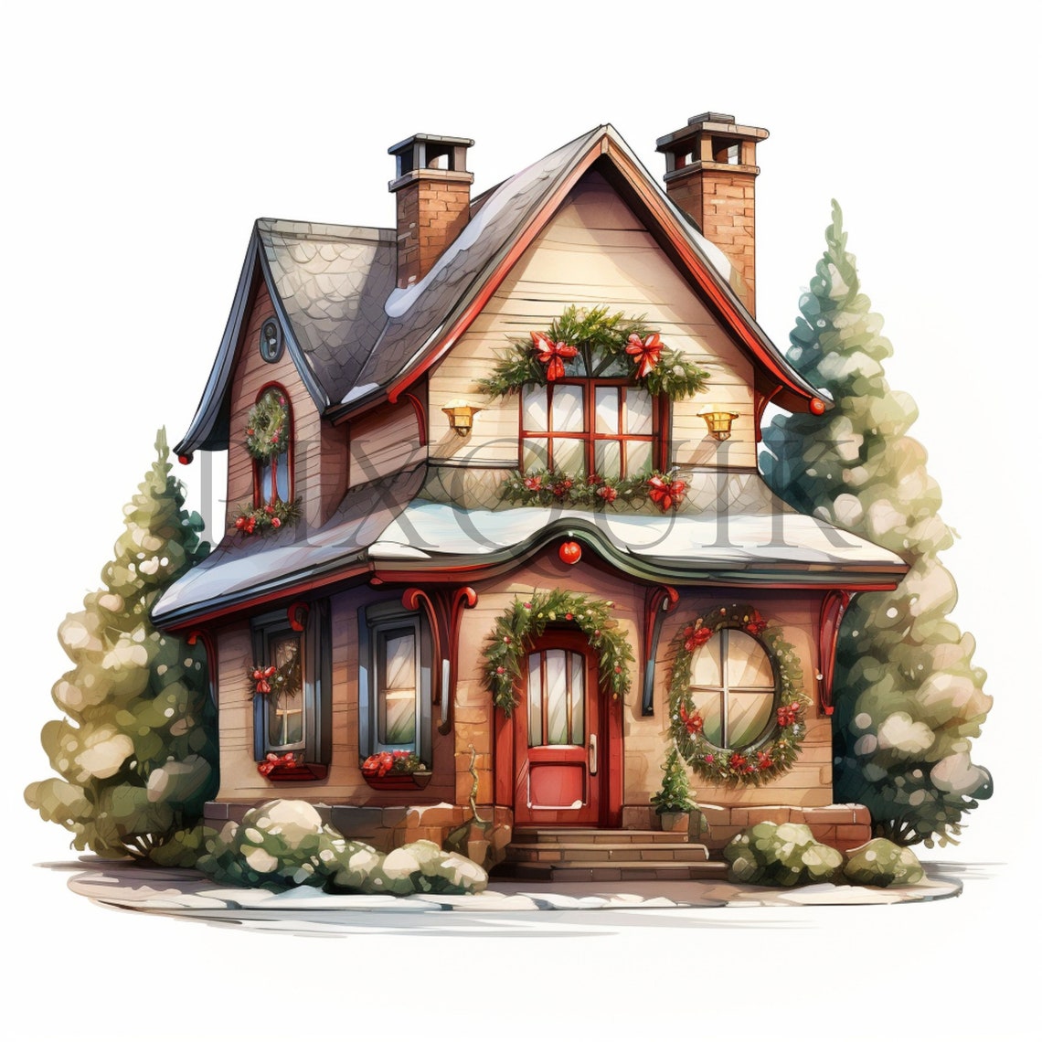 Christmas House Clipart | Holiday Home JPG Graphics (digital Download ...