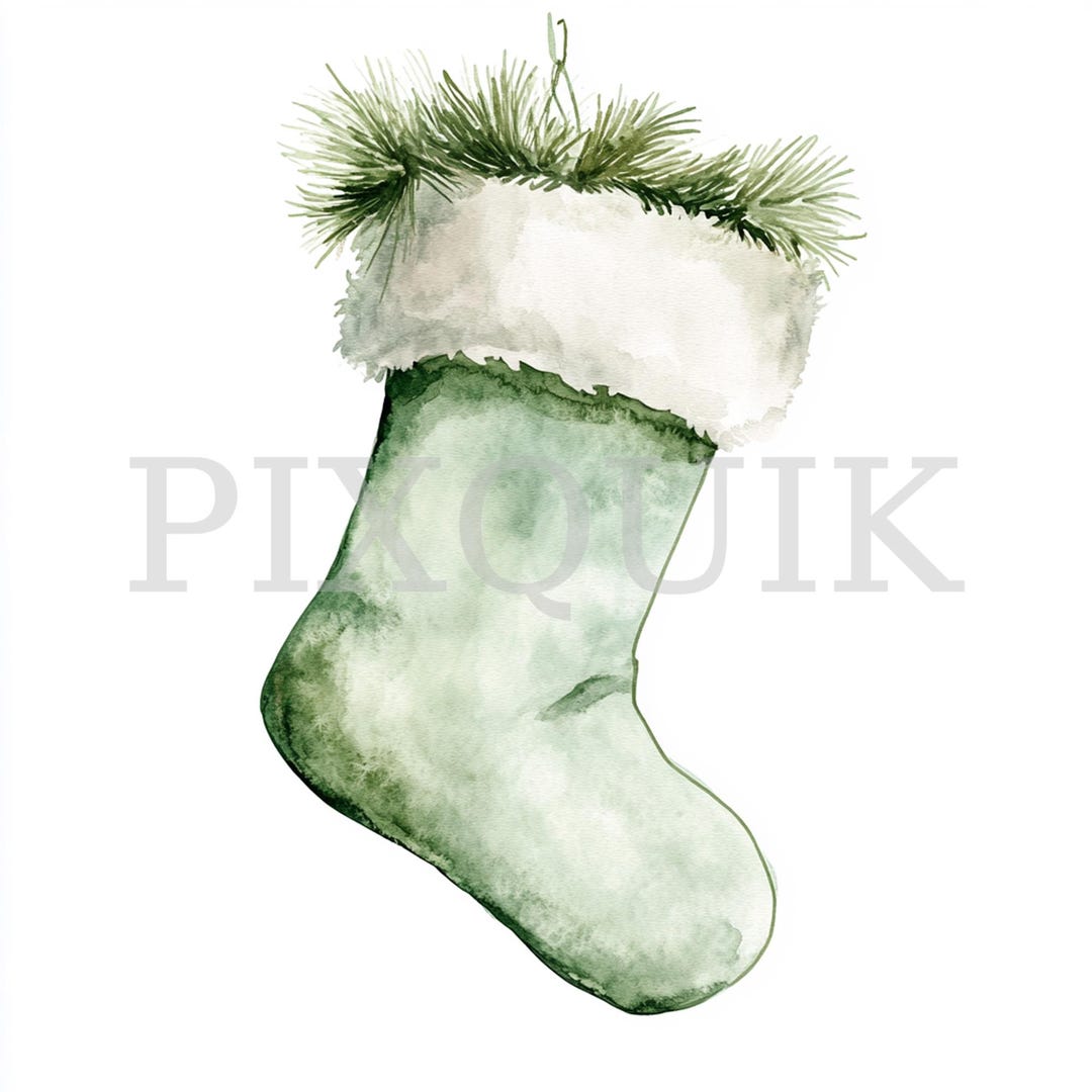 Watercolor Christmas Stocking Clipart: Green Bohemian Art (PNG Files ...