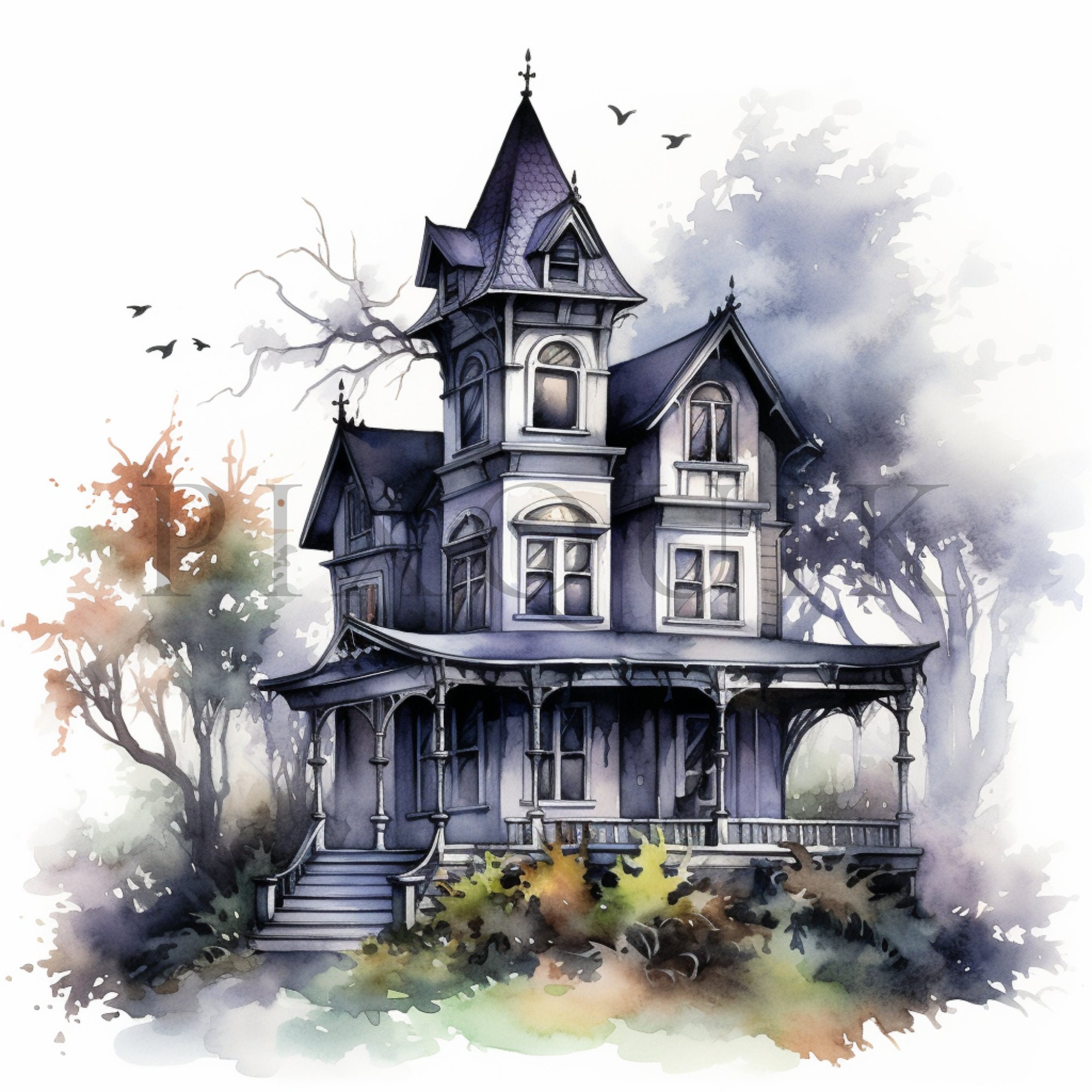 Watercolor Haunted House Clipart | Spooky Halloween Illustration ...