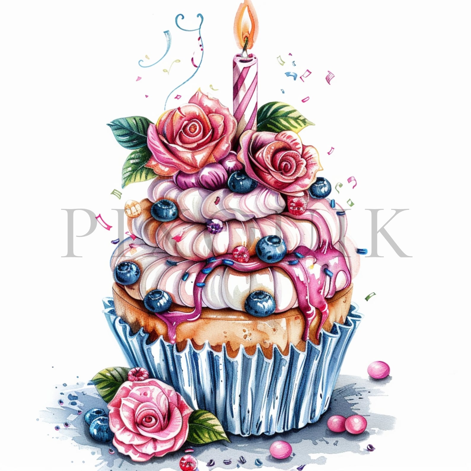 Watercolor Birthday Cupcake Clipart | Berry Topping (digital Download ...