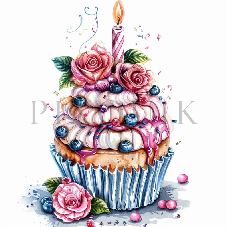 Watercolor Birthday Cupcake Clipart 1 10 High Quality Jpgs Digital ...