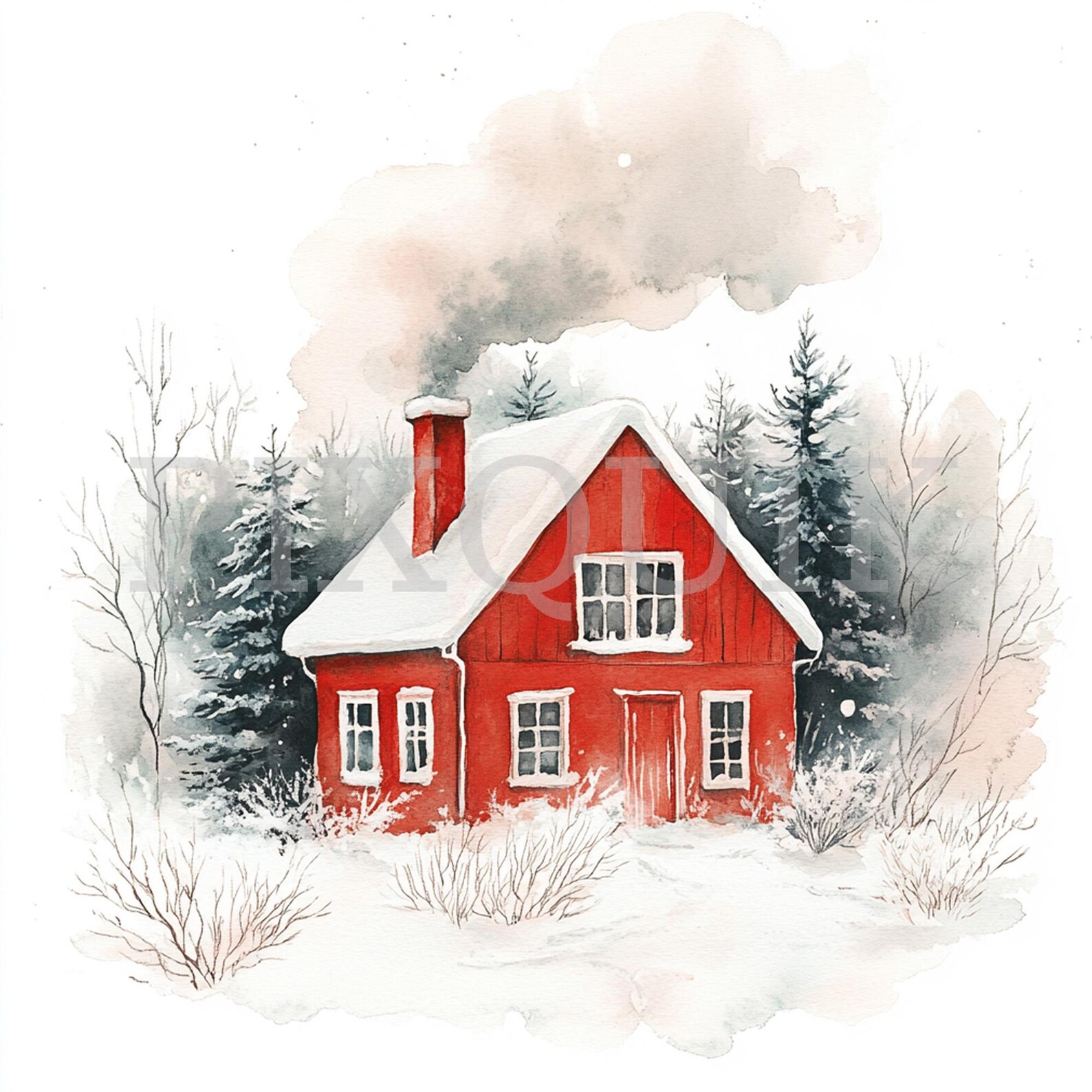 Winter Landscape Clipart | Red House Watercolor Art (4 JPG Files) - Etsy