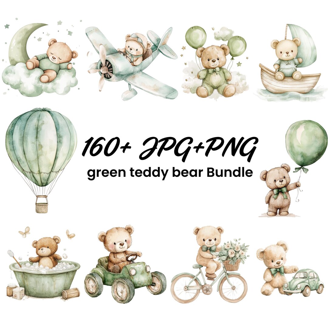 Watercolor Green Teddy Bear Clipart Bundle: 160+ JPG & PNG Files - Etsy