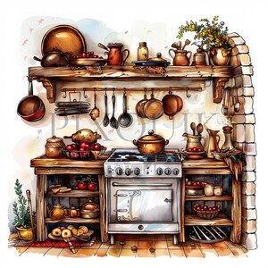 Watercolor Country Kitchen Clipart | 10 High Quality JPG | Rustic ...
