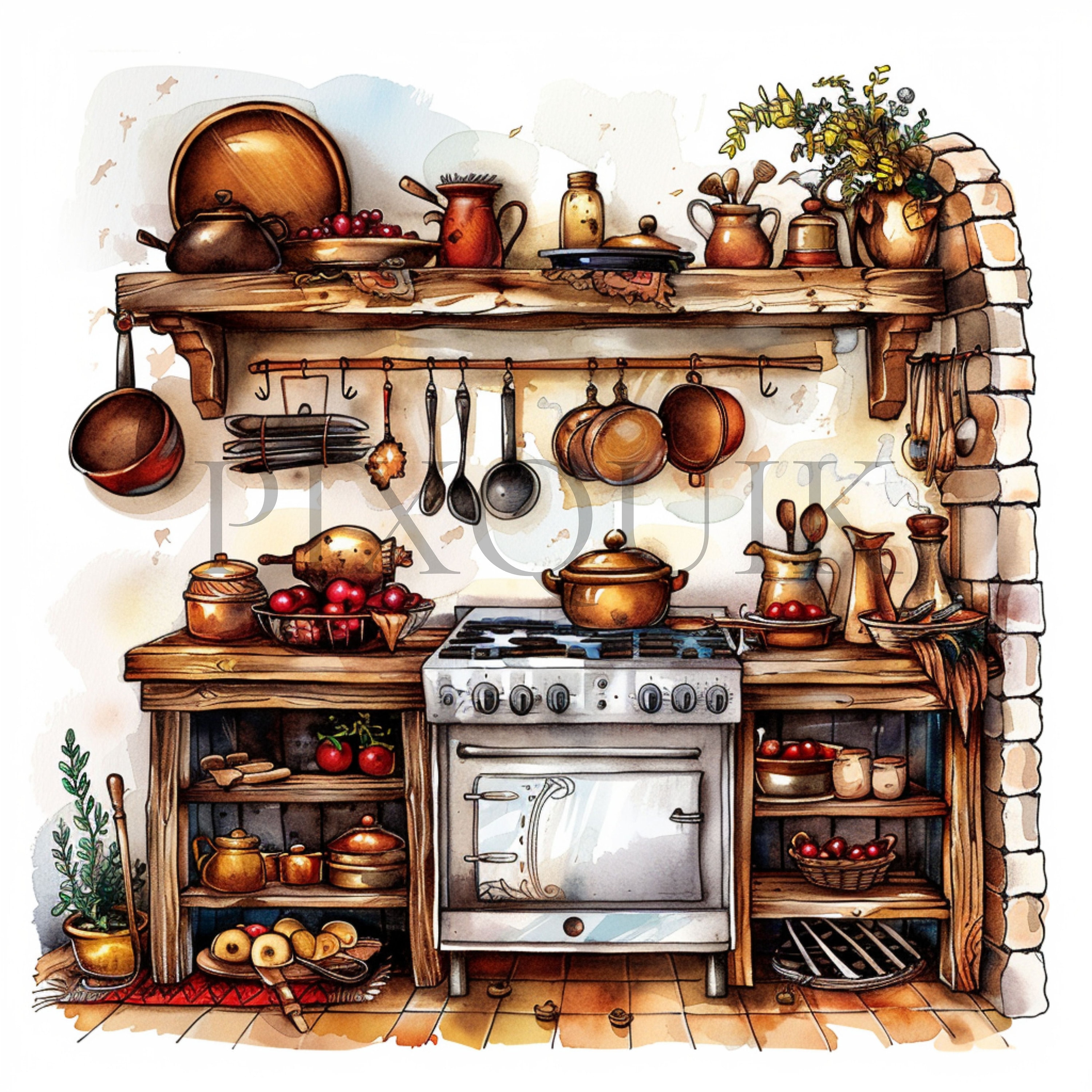 Watercolor Country Kitchen Clipart 10 High Quality JPG Rustic Vintage ...