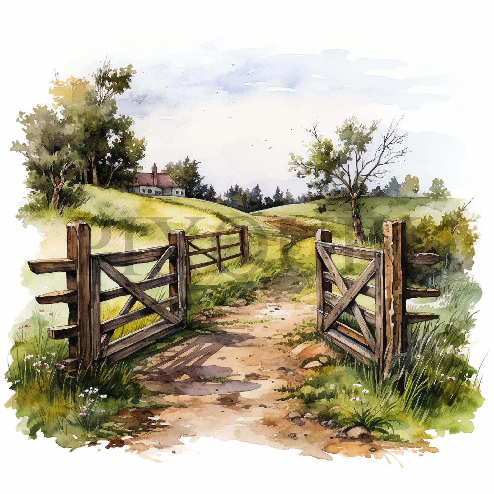 Watercolor Farmhouse Clipart: Rustic Countryside Landscape (digital ...