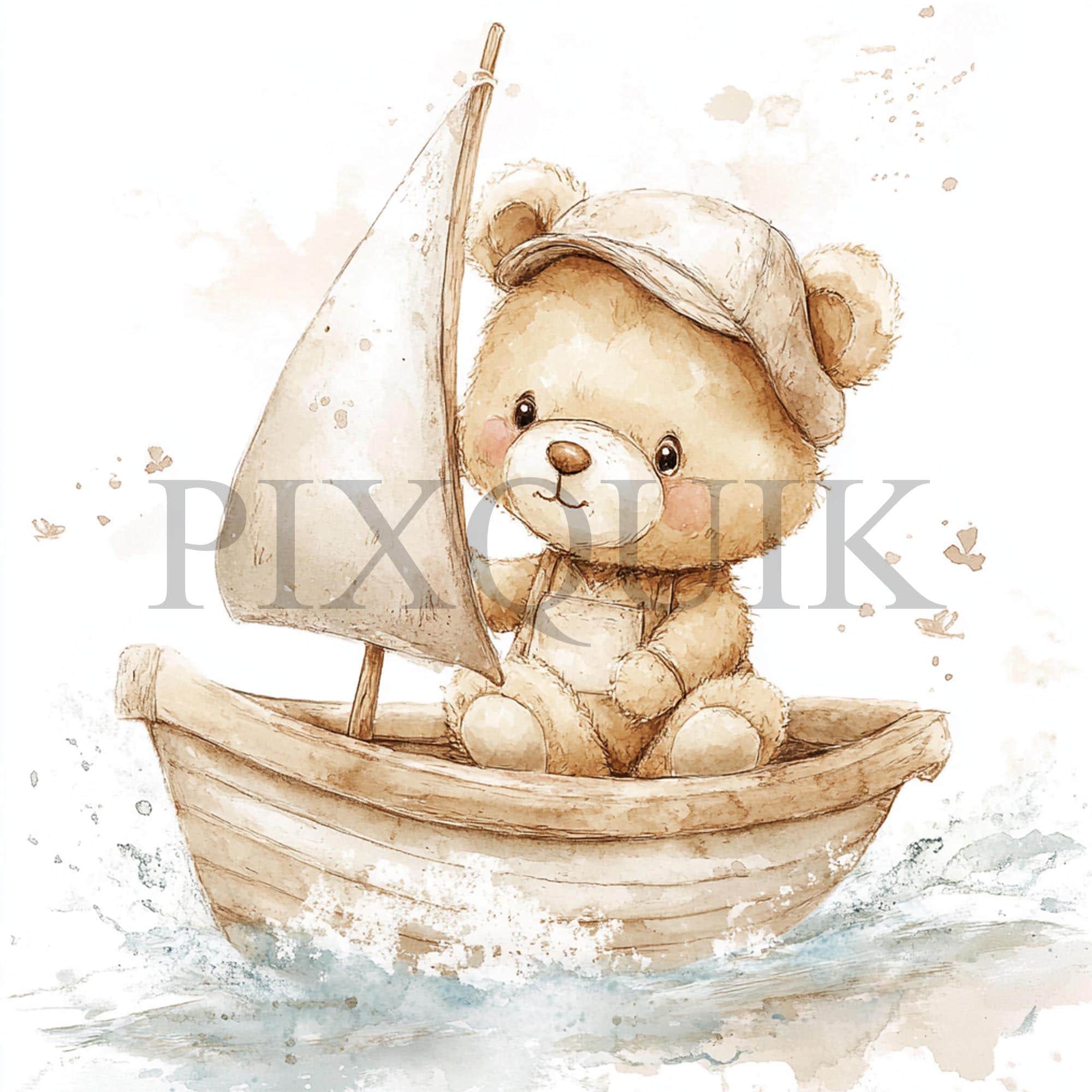Teddy Bear in Boat Clipart: Watercolor Boho Art (JPG & PNG) - Etsy