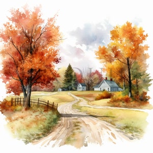 Autumn Landscape Clipart | Watercolor Fall Scene (digital Download) - Etsy
