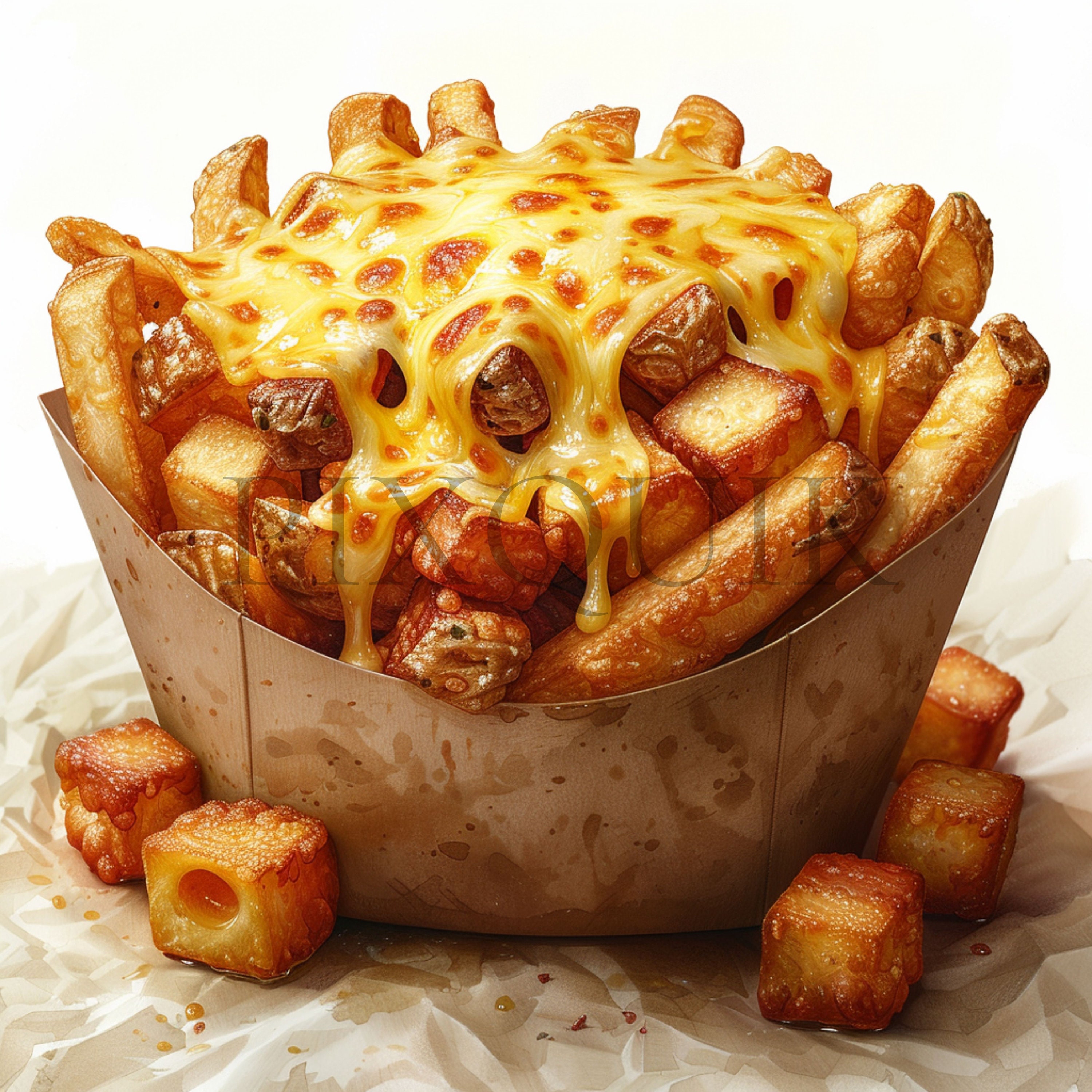 Watercolor Cheese Fries Clipart 10 High-quality Jpgs Kitchen Decor Food Illustrations Digital ...