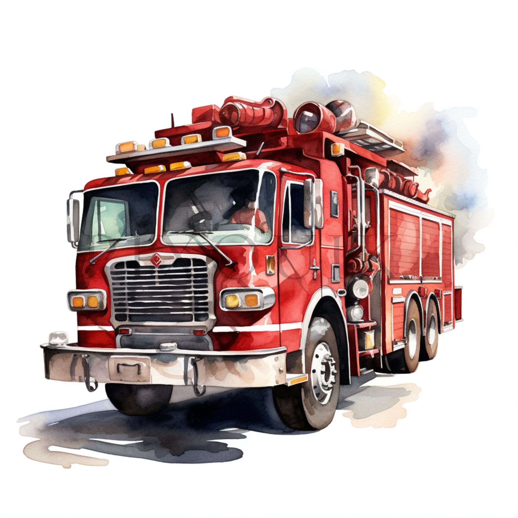 Watercolor Fire Truck Clipart | 10 High Quality Jpgs | Digital Download ...