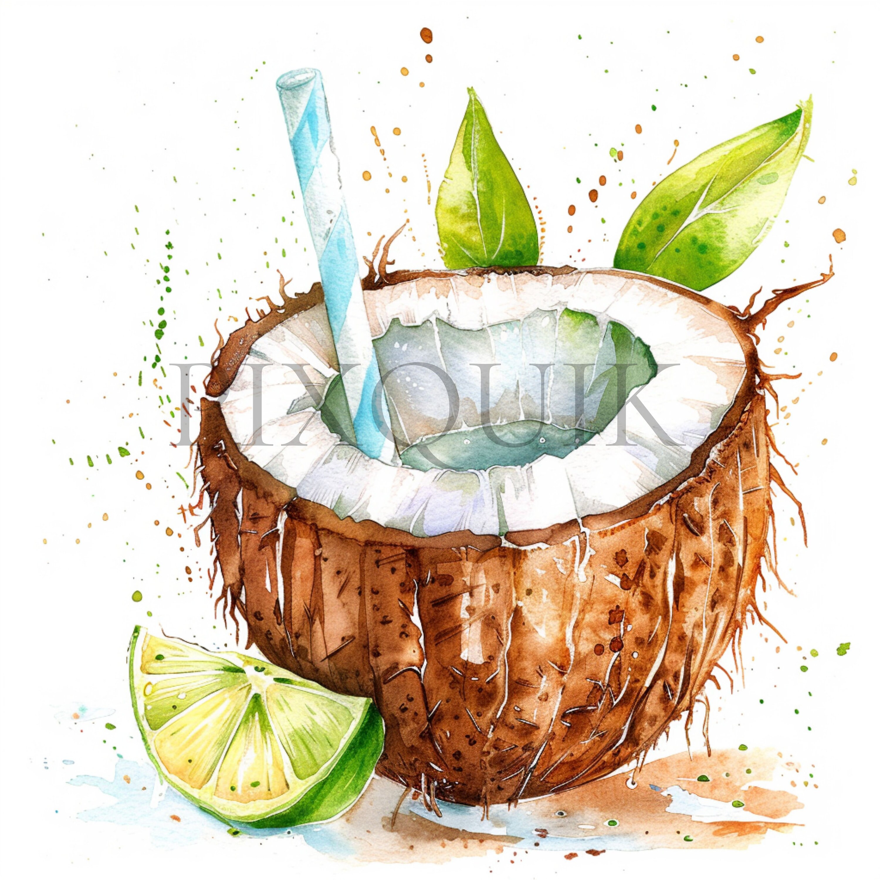 Watercolor Coconut Drink Clipart | 10 High-quality Jpg's | Summer ...