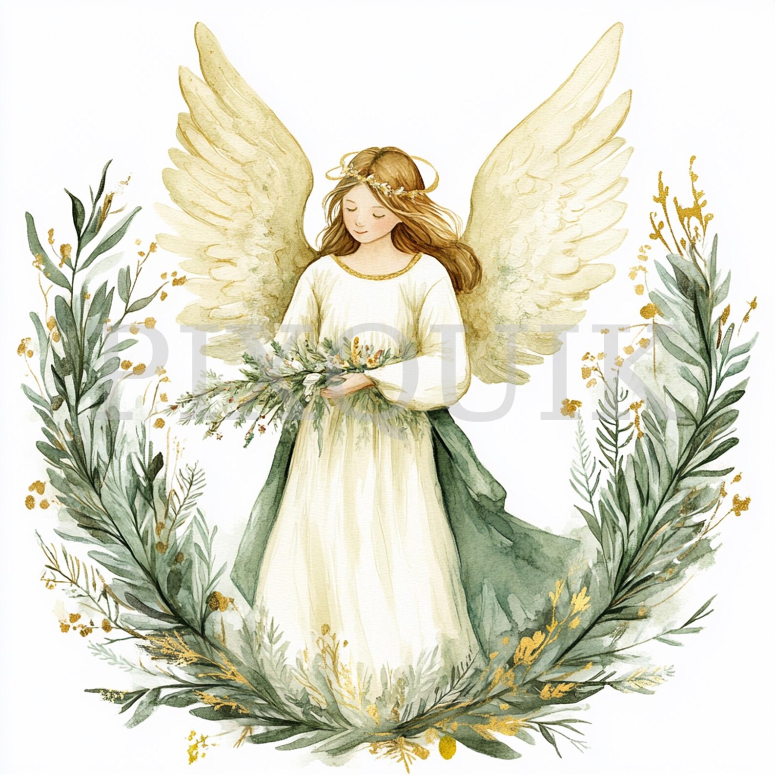 Christmas Angel Clipart: Green Bohemian Watercolor Art (PNG Files) - Etsy
